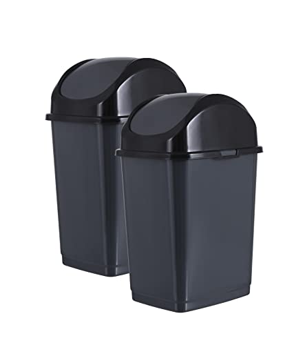 Superio Small 2.5 Gallon Plastic Trash Can with Swing Top Lid, Compact Slim Waste Bin for Under Desk, Office, Bedroom, Bathroom, Dorm Room, 10 Qt. Portable Garbage Can (Dark Grey, 2 Pack)