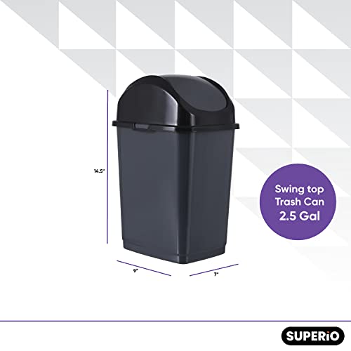 Superio Small 2.5 Gallon Plastic Trash Can with Swing Top Lid, Compact Slim Waste Bin for Under Desk, Office, Bedroom, Bathroom, Dorm Room, 10 Qt. Portable Garbage Can (Dark Grey, 2 Pack)