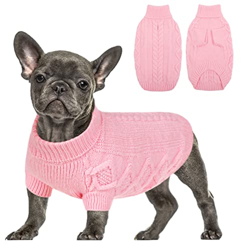 Queenmore Dog Turtleneck Sweater, Classic Cable Knit Cold Weather Thick Sweater for Small Medium Dogs (Pink, S)