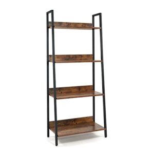 fencer wire 4 tier ladder bookshelf, 24 inch width free standing shelf, bookcase shelf storage rack organizer, industrial book shelves for home office, living room, kitchen, rustic oak vintage shelves