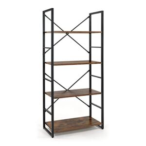 fencer wire 4 tier free standing shelf, 24 inch width bookshelf, bookcase shelf storage organizer, industrial book shelves for home office, living room, kitchen, rustic oak vintage board, metal frame