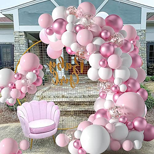 Pink Balloons Garland Arch Kit, Pastel Light Pink White Balloons, Metallic Pink Rose Gold Confetti Birthday Party Balloons for Baby Shower,Bridal,Wedding,Birthday,Anniversary Party