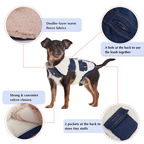 Queenmore Dog Winter Jacket, Fleece Lined High Collar Denim Jacket for Small Medium Dogs, Jeans Style Cold Weather Jacket with Stock Pockets, M