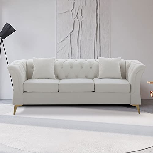 EASYTOUR Chesterfield Sofa, 3-Seater Mid Century Velvet Upholstered Couches, Modern Classic Tufted Button Settee with Roll Arm and Metal Legs for Living Room, Apartment, Office, Small Space, White