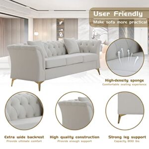 EASYTOUR Chesterfield Sofa, 3-Seater Mid Century Velvet Upholstered Couches, Modern Classic Tufted Button Settee with Roll Arm and Metal Legs for Living Room, Apartment, Office, Small Space, White