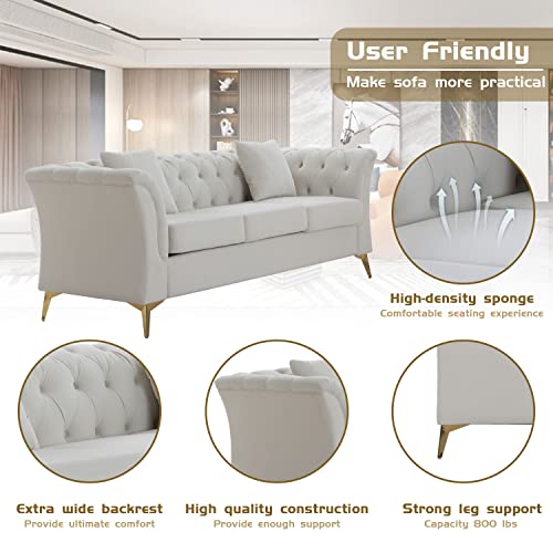 EASYTOUR Chesterfield Sofa, 3-Seater Mid Century Velvet Upholstered Couches, Modern Classic Tufted Button Settee with Roll Arm and Metal Legs for Living Room, Apartment, Office, Small Space, White