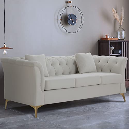 EASYTOUR Chesterfield Sofa, 3-Seater Mid Century Velvet Upholstered Couches, Modern Classic Tufted Button Settee with Roll Arm and Metal Legs for Living Room, Apartment, Office, Small Space, White