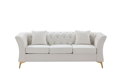 EASYTOUR Chesterfield Sofa, 3-Seater Mid Century Velvet Upholstered Couches, Modern Classic Tufted Button Settee with Roll Arm and Metal Legs for Living Room, Apartment, Office, Small Space, White