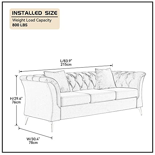 EASYTOUR Chesterfield Sofa, 3-Seater Mid Century Velvet Upholstered Couches, Modern Classic Tufted Button Settee with Roll Arm and Metal Legs for Living Room, Apartment, Office, Small Space, White