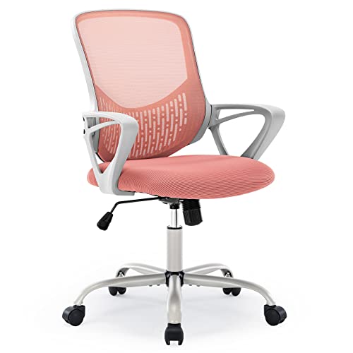 Ergonomic Home Office Chair - Mesh Mid Back Computer Desk Swivel Rolling Task Chair with Lumbar Support, Armrest, Wheels, Sponge Seat Cushions, Pink