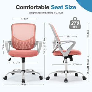 Ergonomic Home Office Chair - Mesh Mid Back Computer Desk Swivel Rolling Task Chair with Lumbar Support, Armrest, Wheels, Sponge Seat Cushions, Pink