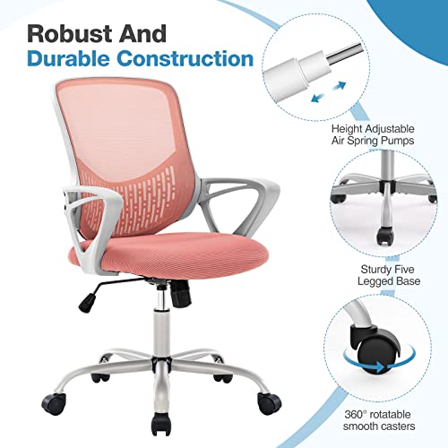 Ergonomic Home Office Chair - Mesh Mid Back Computer Desk Swivel Rolling Task Chair with Lumbar Support, Armrest, Wheels, Sponge Seat Cushions, Pink