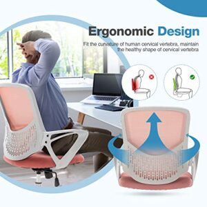 Ergonomic Home Office Chair - Mesh Mid Back Computer Desk Swivel Rolling Task Chair with Lumbar Support, Armrest, Wheels, Sponge Seat Cushions, Pink