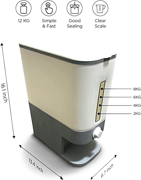 Rice Dispenser Set, Dry Food Dispenser with Rice Storage Sponge Cleaner, Rice Container Storage 25lbs, Rice Dispenser 25 Pounds for Rice Holder In Grey (Cup Not Included)