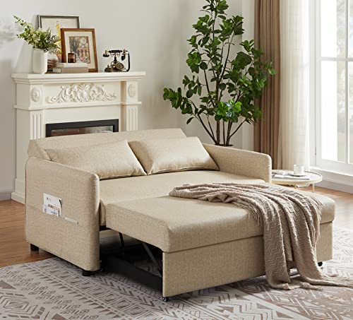 Melpomene Loveseat Sleeper Faux Leather Couch w/Pull-Out Bed and Adjustable Back, 57.1" Modern Convertible Sofa Bed w/ 2 Side Pockets and 2 Pillows (Khaki)