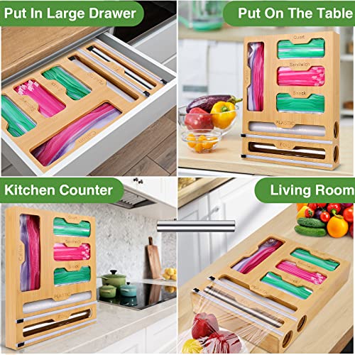 MIRBIRTOS bamboo ziplock bag organizer for drawer Foil And Plastic Wrap Organizer 6 In 1 Plastic Wrap Dispenser with Cutter Compatible with 12" Kitchen Rolls