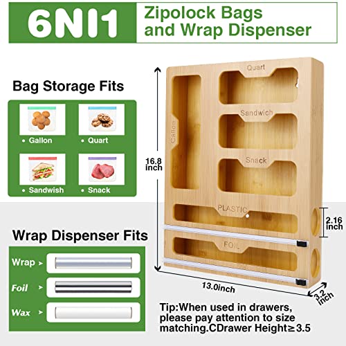 MIRBIRTOS bamboo ziplock bag organizer for drawer Foil And Plastic Wrap Organizer 6 In 1 Plastic Wrap Dispenser with Cutter Compatible with 12" Kitchen Rolls