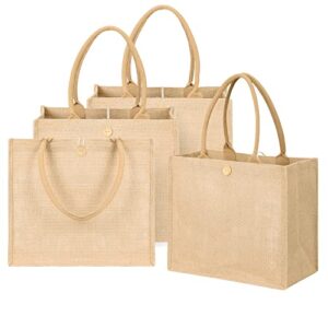 jazpyne burlap tote bags 4 pack jute tote bags with handles and button (13.7'' x 12.1'' x 7.6'') reusable shopping bags blank gift bags for party beach trip bridesmaid wedding diy