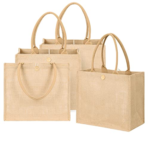 Jazpyne Burlap Tote Bags 4 Pack Jute Tote Bags with Handles and Button (13.7'' x 12.1'' x 7.6'') Reusable Shopping Bags Blank Gift Bags for Party Beach Trip Bridesmaid Wedding DIY