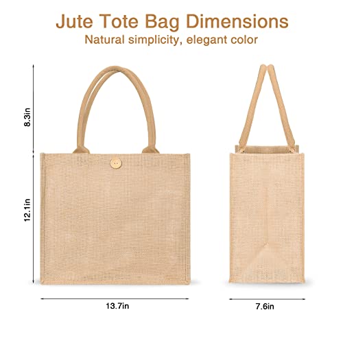 Jazpyne Burlap Tote Bags 4 Pack Jute Tote Bags with Handles and Button (13.7'' x 12.1'' x 7.6'') Reusable Shopping Bags Blank Gift Bags for Party Beach Trip Bridesmaid Wedding DIY