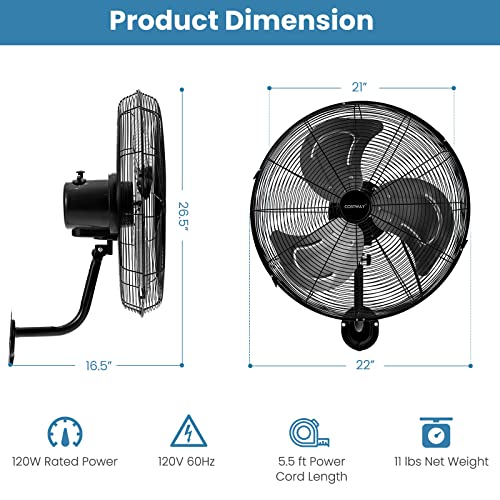 COSTWAY 2-Pack Wall Mount Fan, 21 Inches Heavy Duty Metal Wall Fan with 3 Speeds, 85° Oscillation, 30° Adjustable Tilt Head, Wall-Mounted Aluminum Blades Fan for Garage Warehouse Workshop, Black