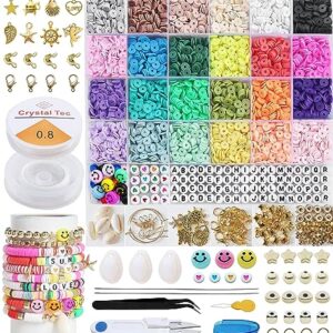 Segden 6000pcs Clay Bead Bracelet Kit,Polymer Flat Beads for Bracelet Making Kit,24 Colors Heishi Beads Letter Beads Spacer Beads for Friendship Bracelets with Charms Elastic Strings