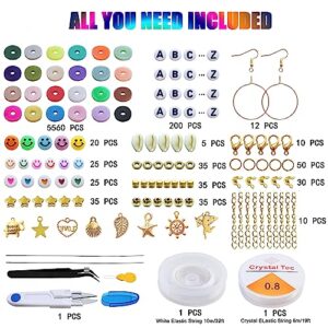 Segden 6000pcs Clay Bead Bracelet Kit,Polymer Flat Beads for Bracelet Making Kit,24 Colors Heishi Beads Letter Beads Spacer Beads for Friendship Bracelets with Charms Elastic Strings