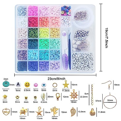 Segden 6000pcs Clay Bead Bracelet Kit,Polymer Flat Beads for Bracelet Making Kit,24 Colors Heishi Beads Letter Beads Spacer Beads for Friendship Bracelets with Charms Elastic Strings