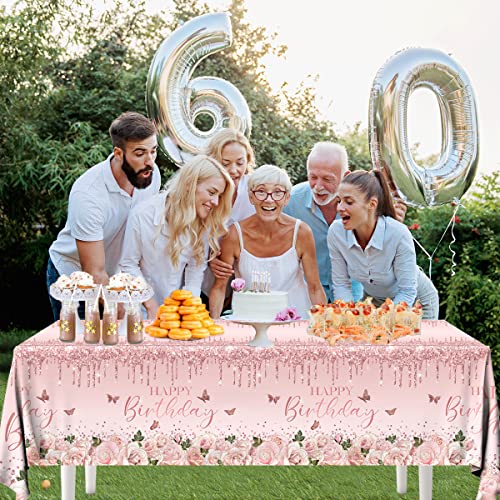 HAKOTI Pink Rose Gold Tablecloth Decoration - 3 PCS Happy Birthday Tablecloth Disposable Plastic Sequin Tablecloth Girls Birthday Wedding Party Tablecloths for 50th 60th 70th 80th Men or Women