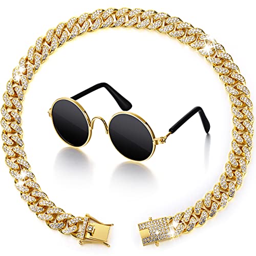 2 Pieces Gold Cat Dog Chain Collar and Sunglasses Set Rhinestone Cuban Collar Chain with Design Secure Buckle Retro Round Glasses for Dogs Cats Party Cosplay Costumes Funny Photo Props (16 Inch)