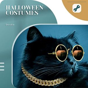 2 Pieces Gold Cat Dog Chain Collar and Sunglasses Set Rhinestone Cuban Collar Chain with Design Secure Buckle Retro Round Glasses for Dogs Cats Party Cosplay Costumes Funny Photo Props (16 Inch)