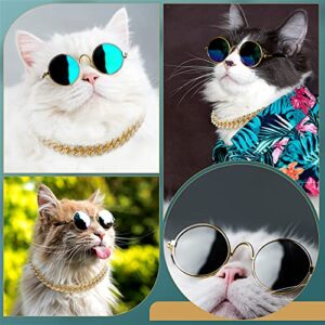 2 Pieces Gold Cat Dog Chain Collar and Sunglasses Set Rhinestone Cuban Collar Chain with Design Secure Buckle Retro Round Glasses for Dogs Cats Party Cosplay Costumes Funny Photo Props (16 Inch)