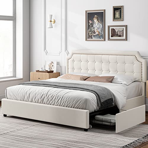 Keyluv Upholstered Queen Bed Frame with 4 Storage Drawers, Velvet Platform Bed with Curved Button Tufted Headboard with Nailhead Trim, Solid Wooden Slats Support, No Box Spring Needed, Beige