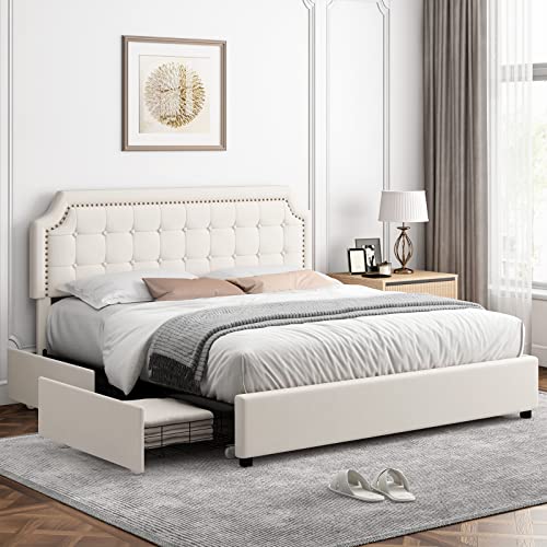 Keyluv Upholstered Queen Bed Frame with 4 Storage Drawers, Velvet Platform Bed with Curved Button Tufted Headboard with Nailhead Trim, Solid Wooden Slats Support, No Box Spring Needed, Beige