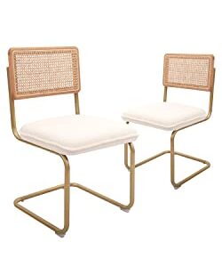 CangLong Mid-Century Modern, Natural Mesh Rattan Backrest, Upholstered Fleece Seat Armless Chairs with Metal Legs for Home Kitchen Dining Room, Set of 2, White