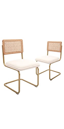 CangLong Mid-Century Modern, Natural Mesh Rattan Backrest, Upholstered Fleece Seat Armless Chairs with Metal Legs for Home Kitchen Dining Room, Set of 2, White