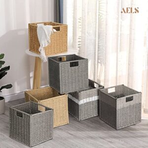 AELS Woven Baskets for Storage, Natural Hand-woven Storage Baskets for Organizing, Cubby Cubes Storage Bins for Shelves, 11" Modern Farmhouse Square Storage Cubes with Handles, Dark Gray, 2 Pack