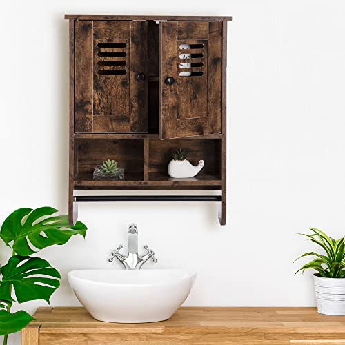 FUMOMEK Bathroom Cabinet Wall Mounted with Door, Bathroom Medicine Cabinet with Towel Bars, Wall Cabinets for Bathroom Storage with Doors and Shelves, Rustic Brown