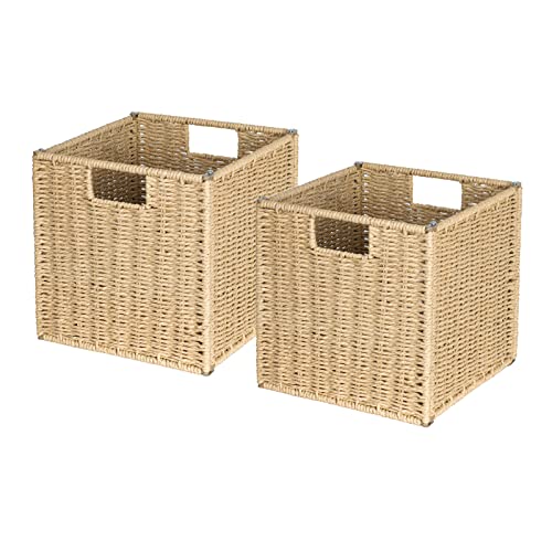 AELS Woven Baskets for Storage, Natural Hand-woven Storage Baskets for Organizing, Cubby Cubes Storage Bins for Shelves, 11" Modern Farmhouse Square Storage Cubes with Handles, Beige, 2 Pack