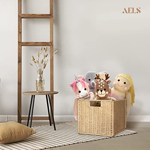 AELS Woven Baskets for Storage, Natural Hand-woven Storage Baskets for Organizing, Cubby Cubes Storage Bins for Shelves, 11" Modern Farmhouse Square Storage Cubes with Handles, Beige, 2 Pack