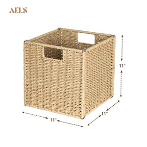 AELS Woven Baskets for Storage, Natural Hand-woven Storage Baskets for Organizing, Cubby Cubes Storage Bins for Shelves, 11" Modern Farmhouse Square Storage Cubes with Handles, Beige, 2 Pack