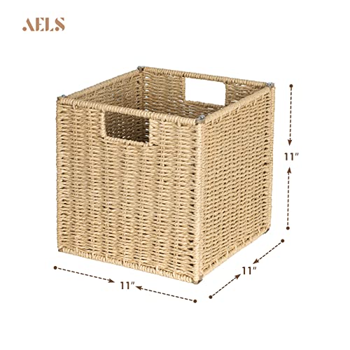 AELS Woven Baskets for Storage, Natural Hand-woven Storage Baskets for Organizing, Cubby Cubes Storage Bins for Shelves, 11" Modern Farmhouse Square Storage Cubes with Handles, Beige, 2 Pack