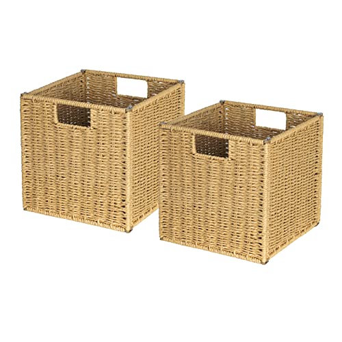 AELS Woven Baskets for Storage, Natural Hand-woven Storage Baskets for Organizing, Cubby Cubes Storage Bins for Shelves, 11" Modern Farmhouse Square Storage Cubes with Handles, Natural, 2 Pack