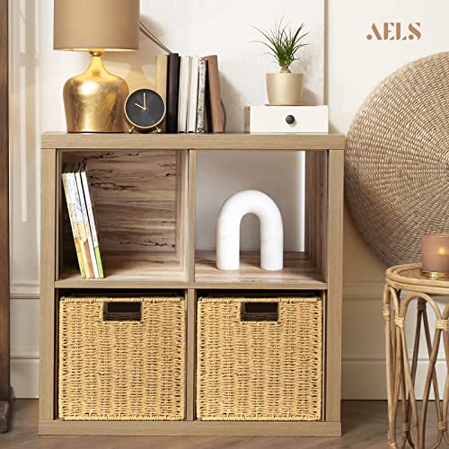 AELS Woven Baskets for Storage, Natural Hand-woven Storage Baskets for Organizing, Cubby Cubes Storage Bins for Shelves, 11" Modern Farmhouse Square Storage Cubes with Handles, Natural, 2 Pack