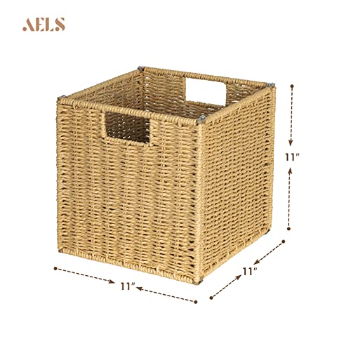 AELS Woven Baskets for Storage, Natural Hand-woven Storage Baskets for Organizing, Cubby Cubes Storage Bins for Shelves, 11" Modern Farmhouse Square Storage Cubes with Handles, Natural, 2 Pack