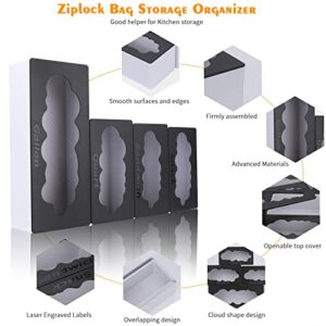 Levvohd 4 Separate Ziplock Bag Storage Organizer, Food Zip lock Bag Storage Organizer for Kitchen Drawer, Compatible with Gallon, Quart, Sandwich & Snack Variety Size Baggie Dispenser (White+Black)