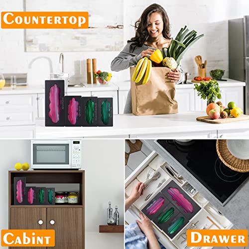 Levvohd 4 Separate Ziplock Bag Storage Organizer, Food Zip lock Bag Storage Organizer for Kitchen Drawer, Compatible with Gallon, Quart, Sandwich & Snack Variety Size Baggie Dispenser (White+Black)