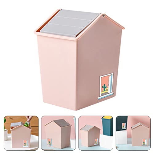 Cabilock Office Decor Mini Table Trash Can with Lid House Shape Small Plastic Trash Bin Garbage Bin Wastebasket Desktop Garbage Container Rubbish Can for Table Desktop Office Kitchen Car Decor