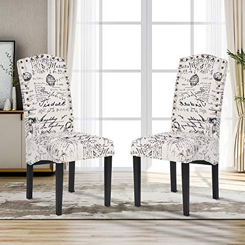 Evedy 2PCS Dining Script Fabric Accent Chair with Solid Wood Legs for Kitchen Living Room,Beige, Words