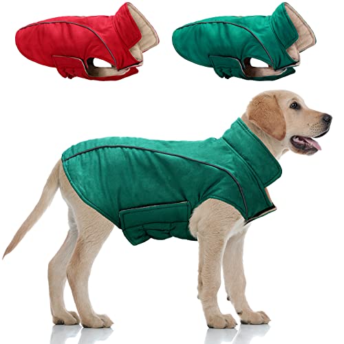 2 Pieces Dog Cold Weather Coats, Waterproof Windproof Reversible Winter Dog Jacket Clothes Zippered Dog Winter Coat Padded Warm Pets Reflective Winter Vest for Small Medium Large Dogs Pets, Green, Red